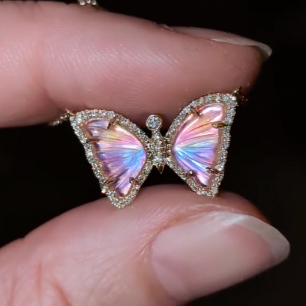 Mini Sunset Rainbow Pearl and Topaz Butterfly Necklace with Diamonds ...