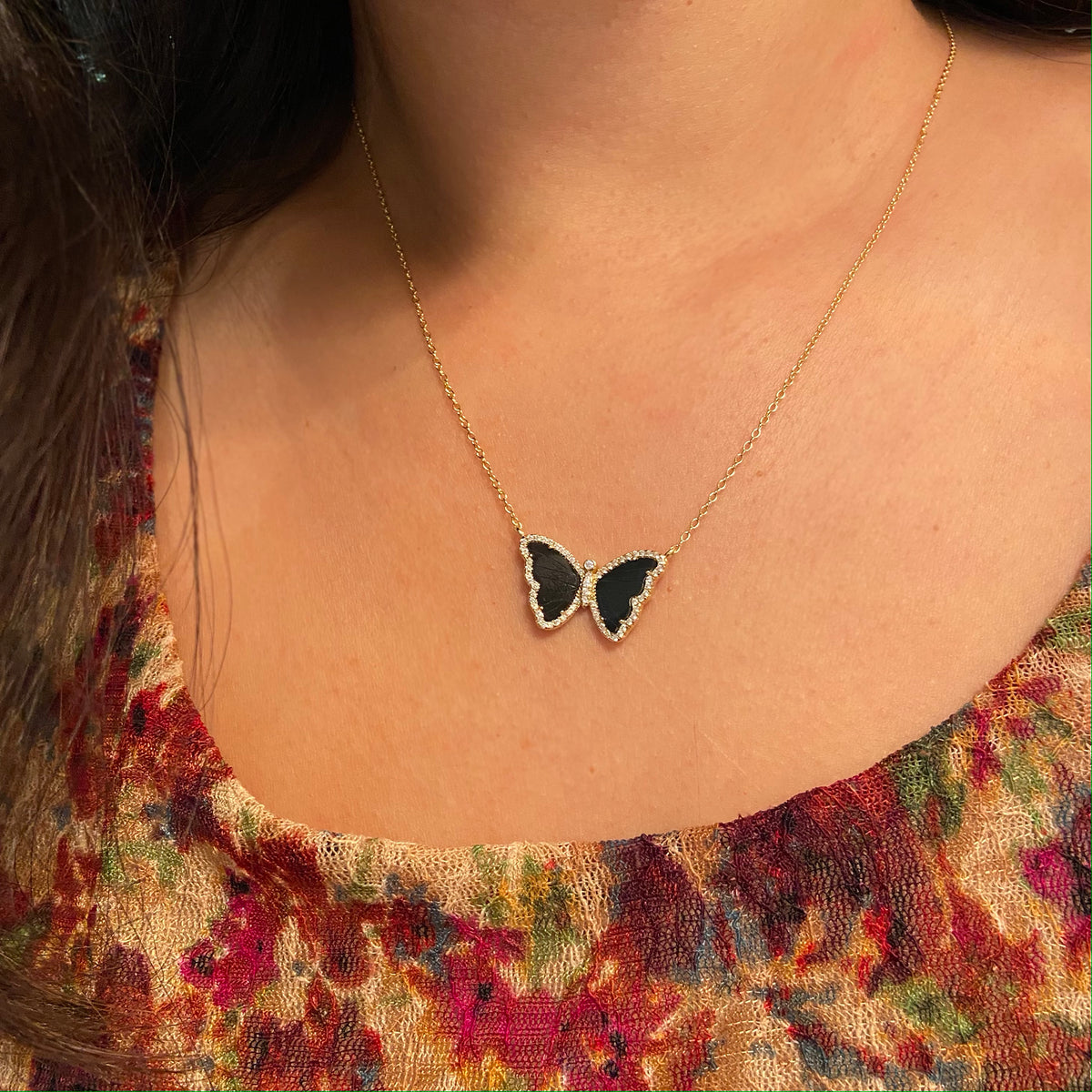 Black Onyx Butterfly Necklace With Crystals - KAMARIA
